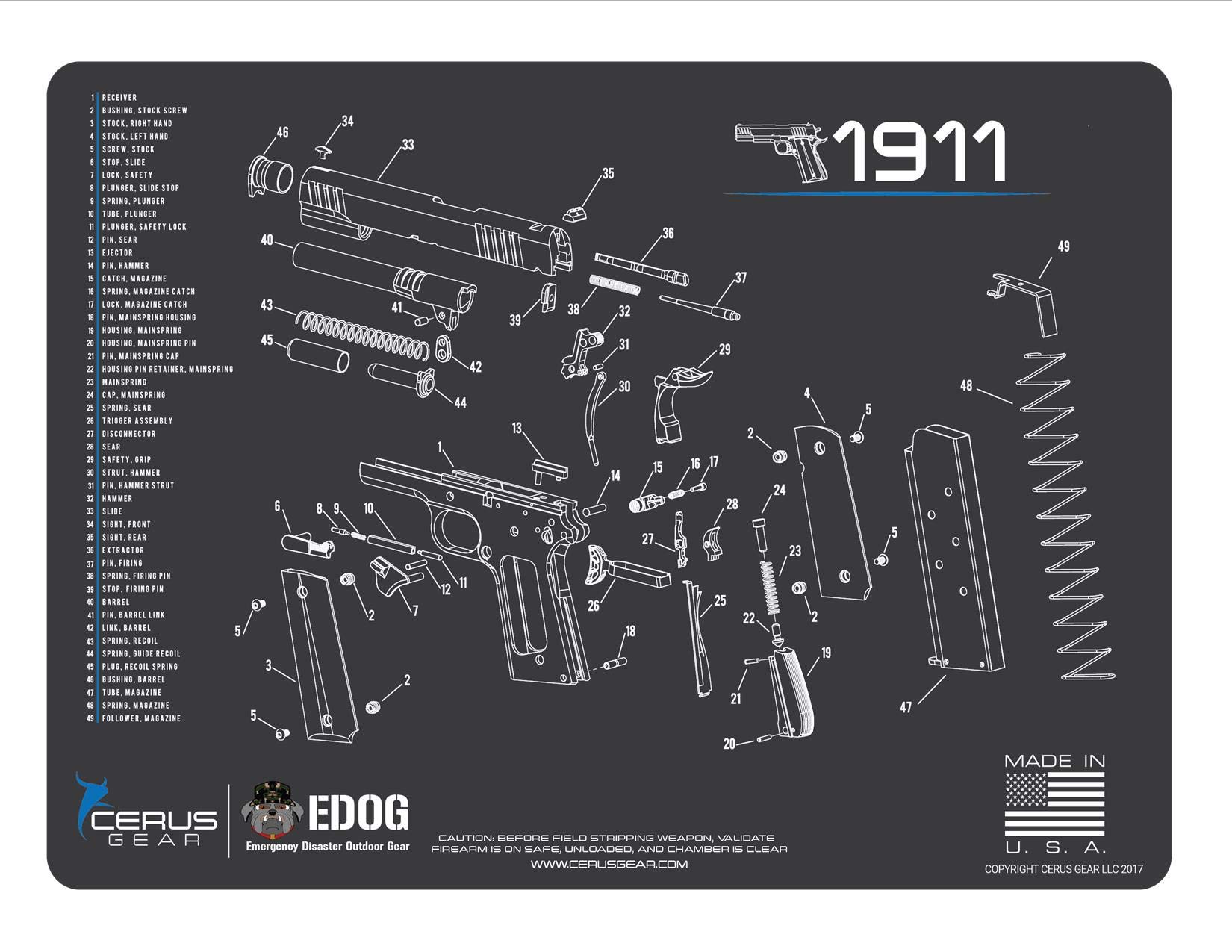 EDOG 1911 Gun Cleaning Mat - Schematic (Exploded View) Diagram Compatible with 1911 Series Pistol 3 mm Padded Pad Protect Your Firearm Magazines Bench Surfaces Gun Oil Solvent Resistant