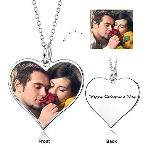 LONAGO Silver Personalized Heart Photo Necklace Customized Heart Shaped Picture Necklace (Heart-shape (Silver))