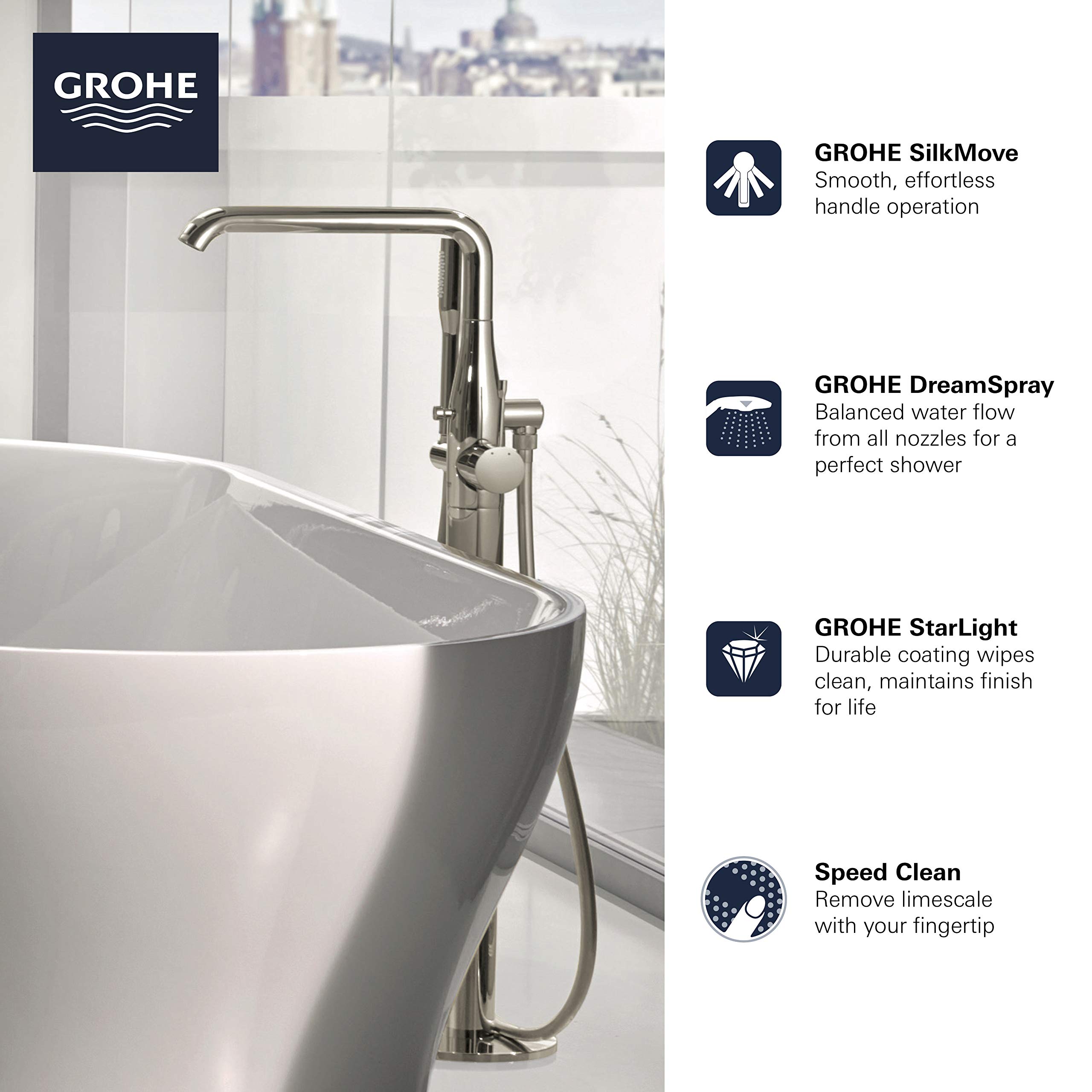 GROHE 2349100A Essense Single-Handle Freestanding Bathtub Faucet with Handheld Shower, Brass, Starlight Chrome