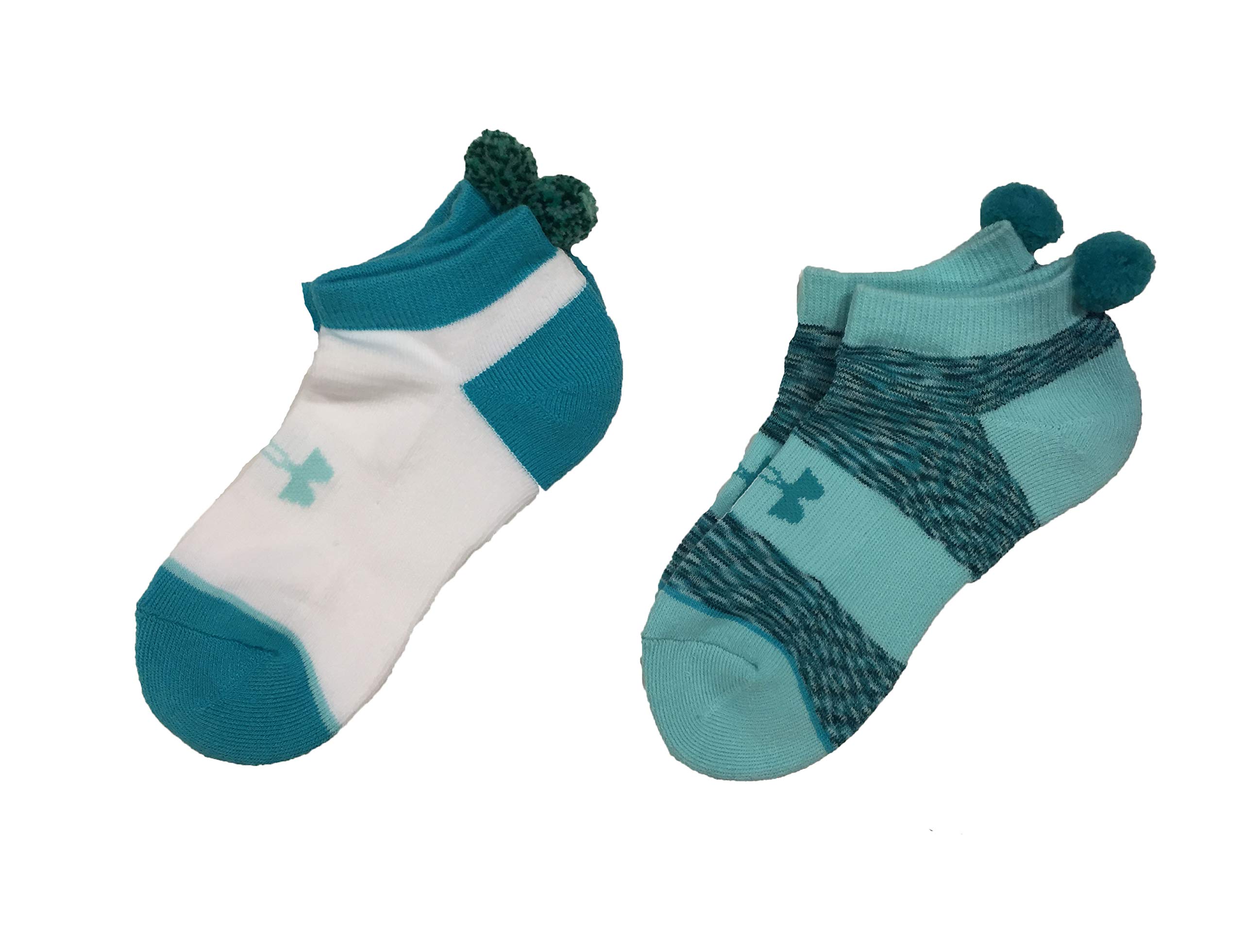 Under Armour Girl`s No Show Socks With Pom 2 Pack (Turquoise(1310247-297)/White, Youth Large)