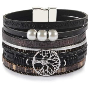 fancy shiny tree of life leather wrap bracelet inspirational cuff bangles boho pearl bracelets with clasp unique jewelry gifts for women(black)