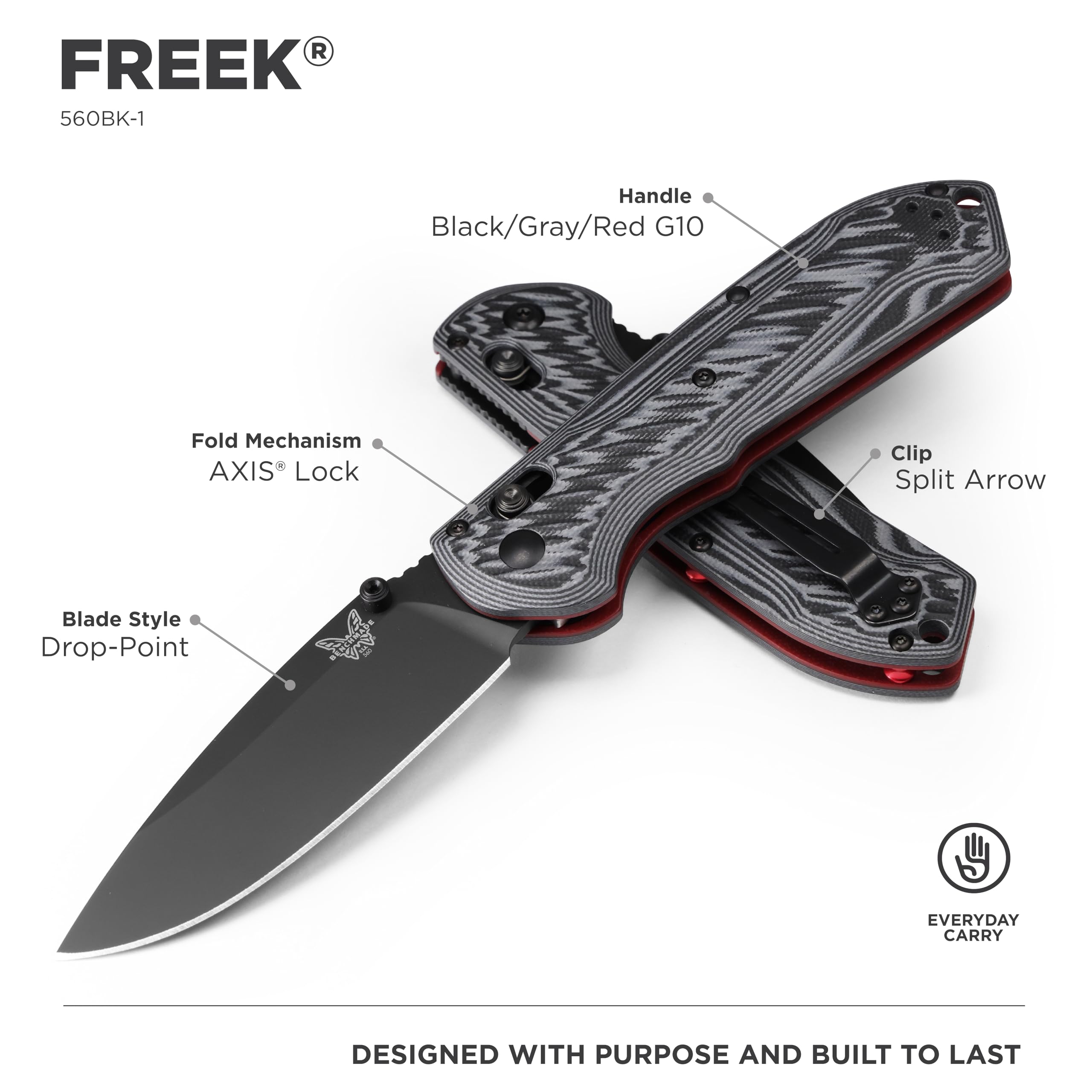 Benchmade - Freek 560BK-1 EDC Knife with Gray/Black G10 Handle (560BK-1)