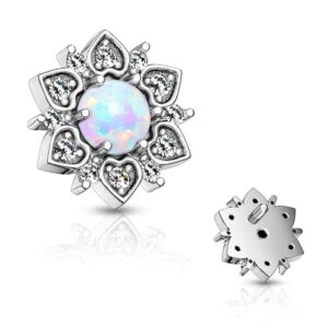 cz flower with opal center internally threaded 14ga dermal anchor top (opal white)