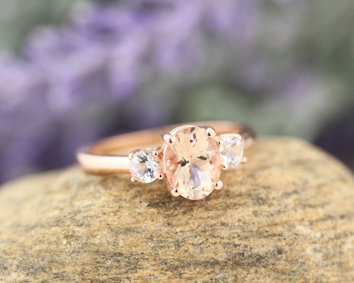 GNG 1 1/2 CTTW Natural Morganite and White Topaz 3 stone Ring In 10k Rose Gold (rose-gold, 7)