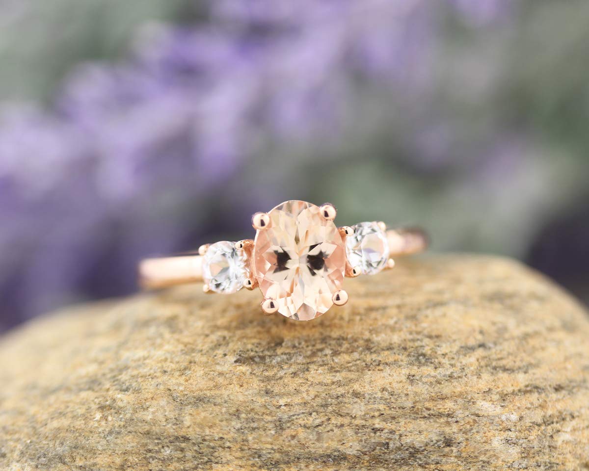 GNG 1 1/2 CTTW Natural Morganite and White Topaz 3 stone Ring In 10k Rose Gold (rose-gold, 7)