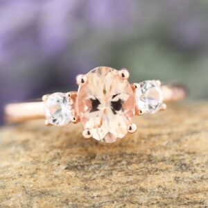 GNG 1 1/2 CTTW Natural Morganite and White Topaz 3 stone Ring In 10k Rose Gold (rose-gold, 7)