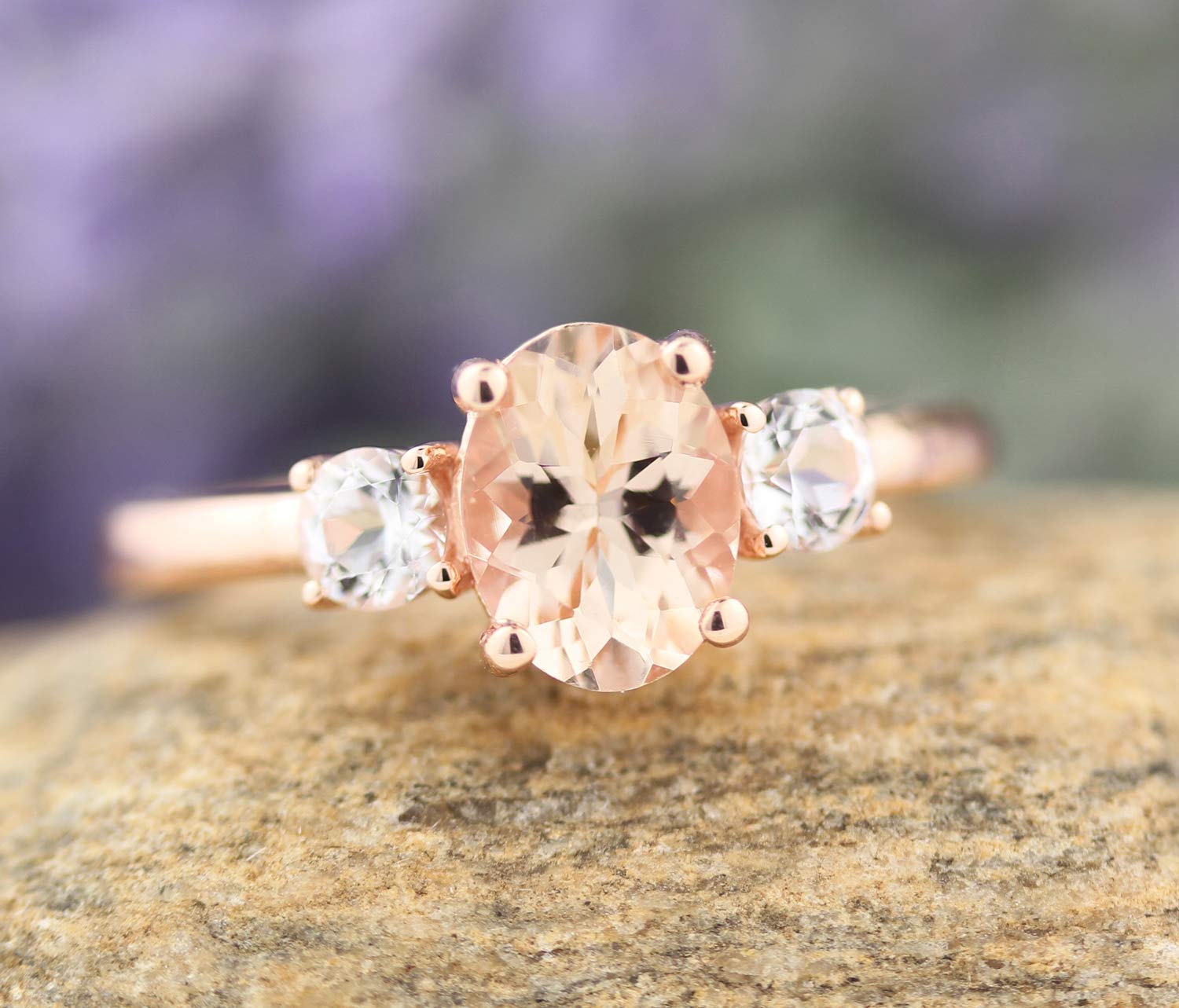 GNG 1 1/2 CTTW Natural Morganite and White Topaz 3 stone Ring In 10k Rose Gold (rose-gold, 7)