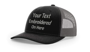 custom richardson 112 hat with your text embroidered trucker mesh snapback cap (adjustable snapback split colorway, black/charcoal)