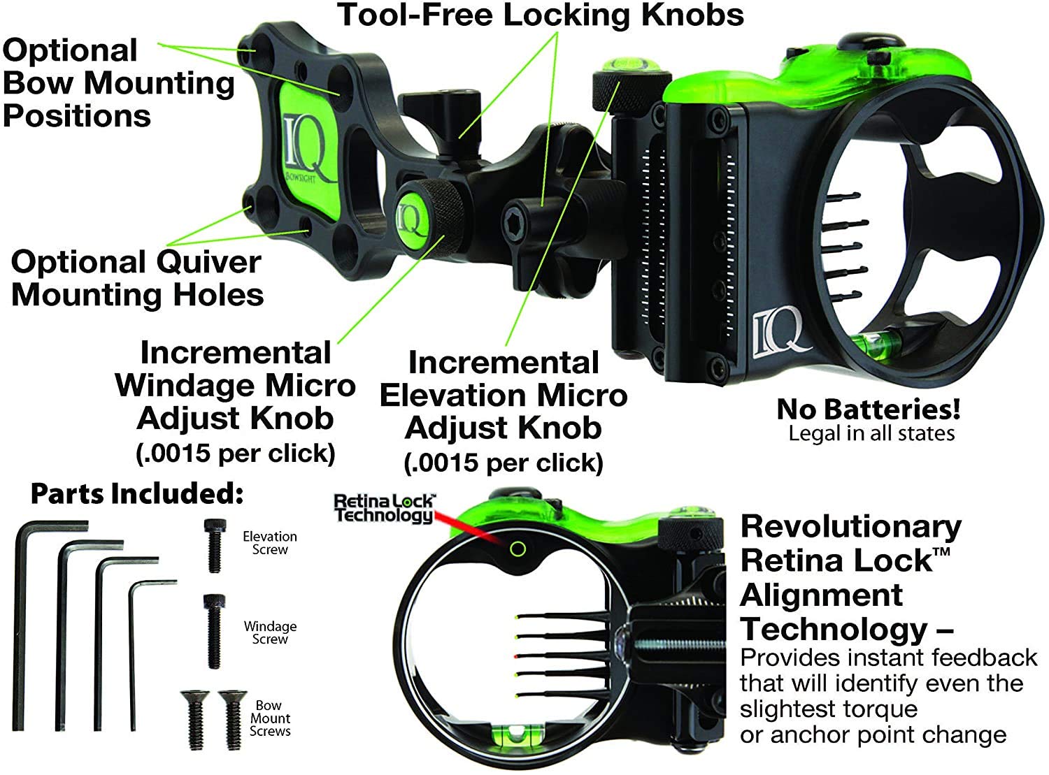 IQ Micro 5-Pin Right Hand Archery Bow Sight, Retina Lock Technology, All Aluminum, Multiple Bow and Quiver Mounting Points, Built-in Sight Level & Light Adapter.019 Pins