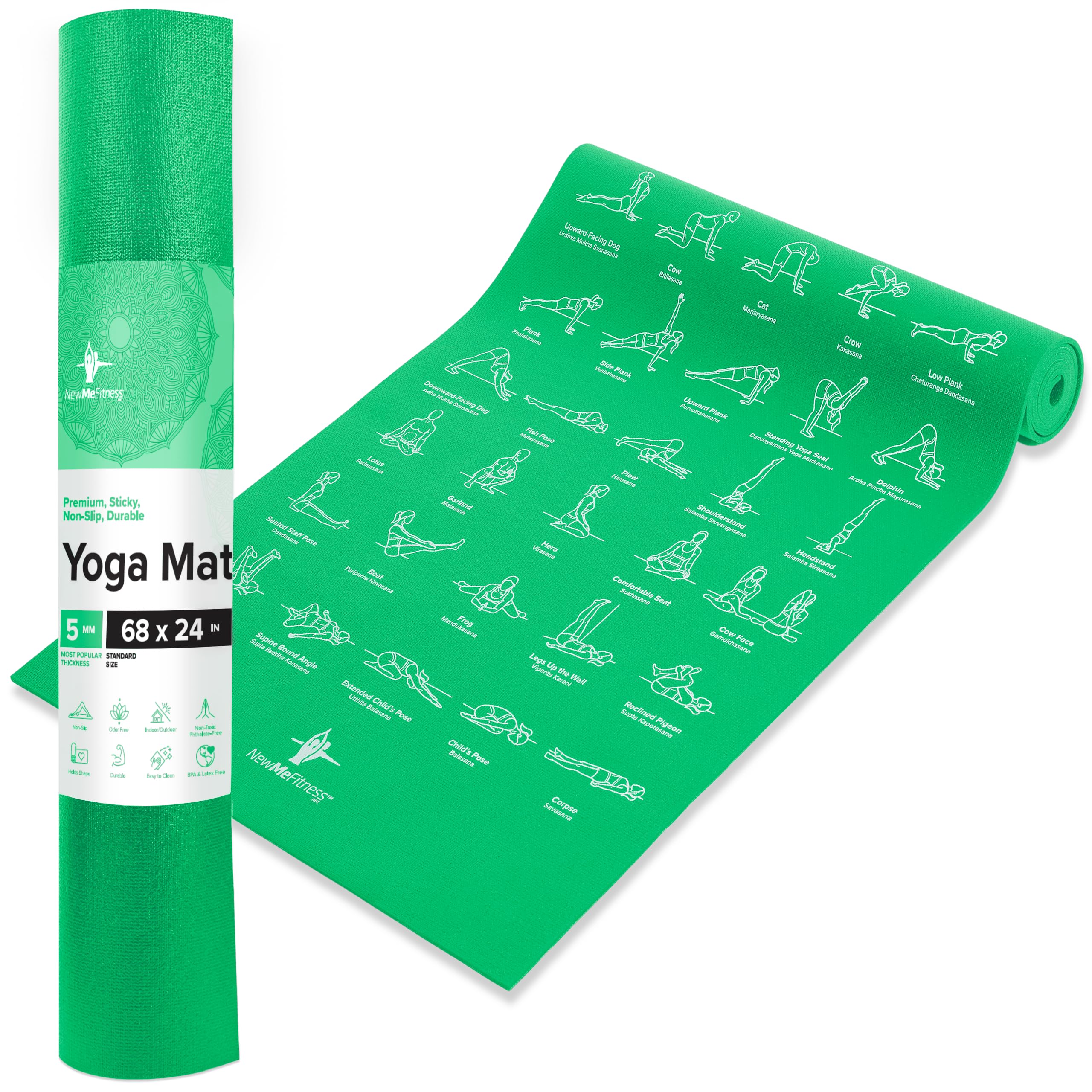 NewMe Fitness Yoga Mat for Women and Men - 24” Wide x 68" Long - Non Slip Instructional Yoga Mats - Yoga Pilates Floor Mat for Home and Gym - 5 mm Thick Exercise Mat with 70 Printed Yoga Poses, Green