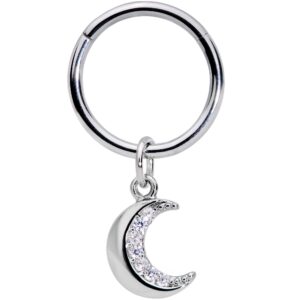 body candy 16g steel hinged segment ring seamless dangle cartilage clear accent crescent moon nose hoop 3/8"