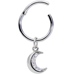 Body Candy 16G Steel Hinged Segment Ring Seamless Dangle Cartilage Clear Accent Crescent Moon Nose Hoop 3/8"