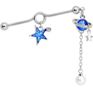 body candy womens 14g steel helix cartilage earring glitter blue star planet dangle project barbell 1 1/2"