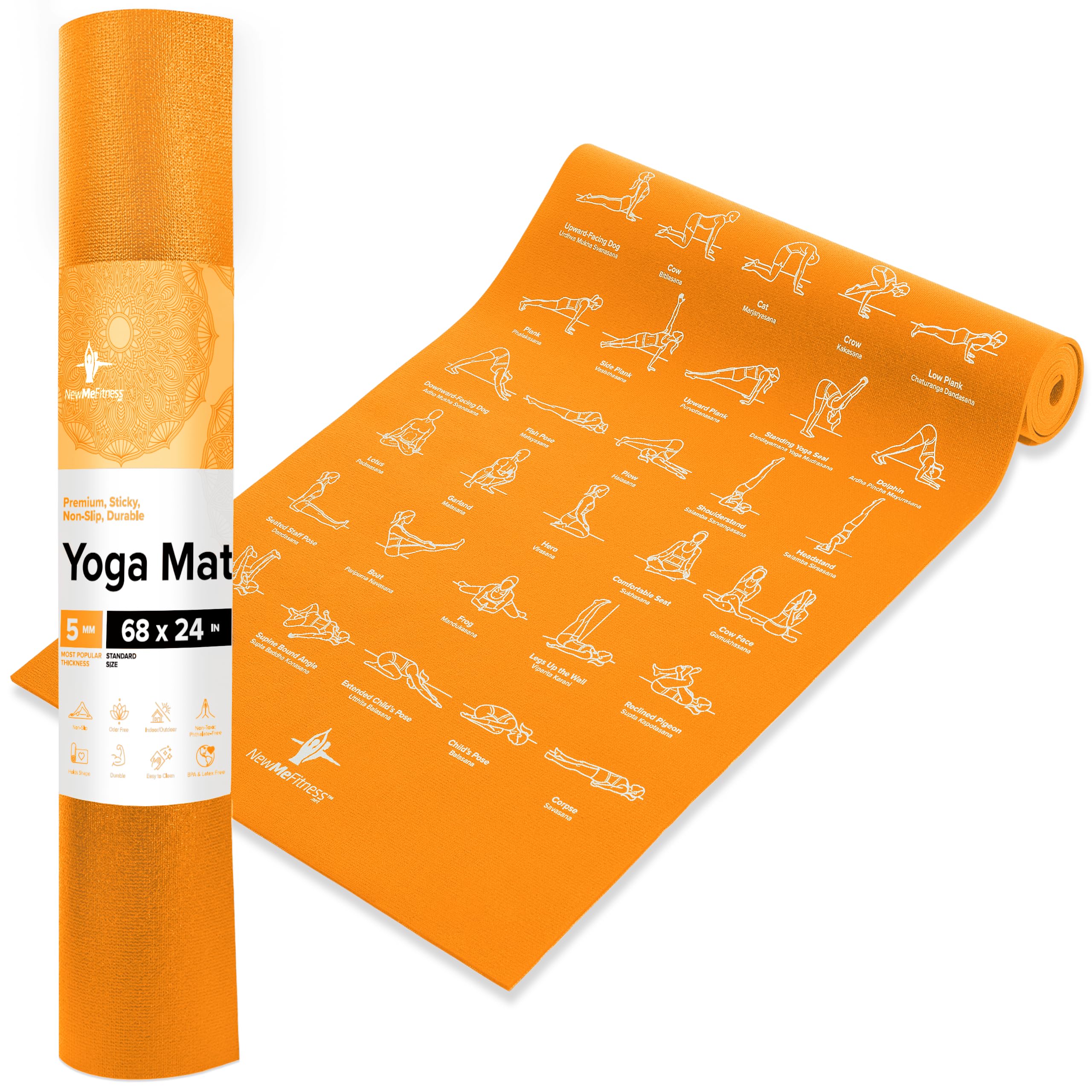 NewMe Fitness Yoga Mat for Women and Men - Large, 5mm Thick, 68 Inch Long, Non Slip Exercise Mats w/ 70 Printed Yoga Poses for Pilates, Workout and Stretching - Home and Gym Essentials - Orange