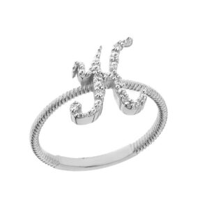 modern contemporary rings women's 10k white gold diamond script initial letter k stackable rope design ring (size 7)