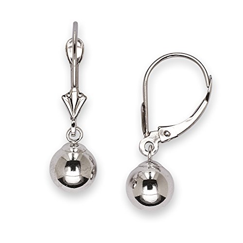 Jewelryweb - Real 14k White Gold Dangle Polished Ball Lever Back Earrings - 5mm, 6mm, 7mm, 8mm - Gold Dangle Earrings for Women- Hypoallergenic Earrings