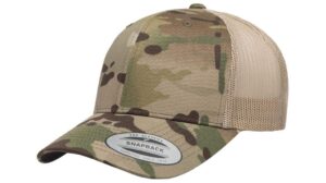 yupoong 6606 curved bill trucker mesh snapback hat with nosweat hat liner (multicam khaki, 1)