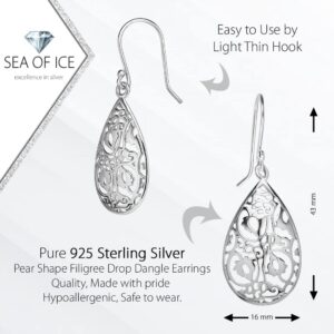 Teardrop Earrings for Women - Sterling Silver Dangle Filigree Earrings for Women – Hook Earrings - Trendy Fashion Earrings