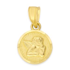 10k solid yellow gold dainty angel medallion necklace with cross on back, small religious cherub pendant for prayer