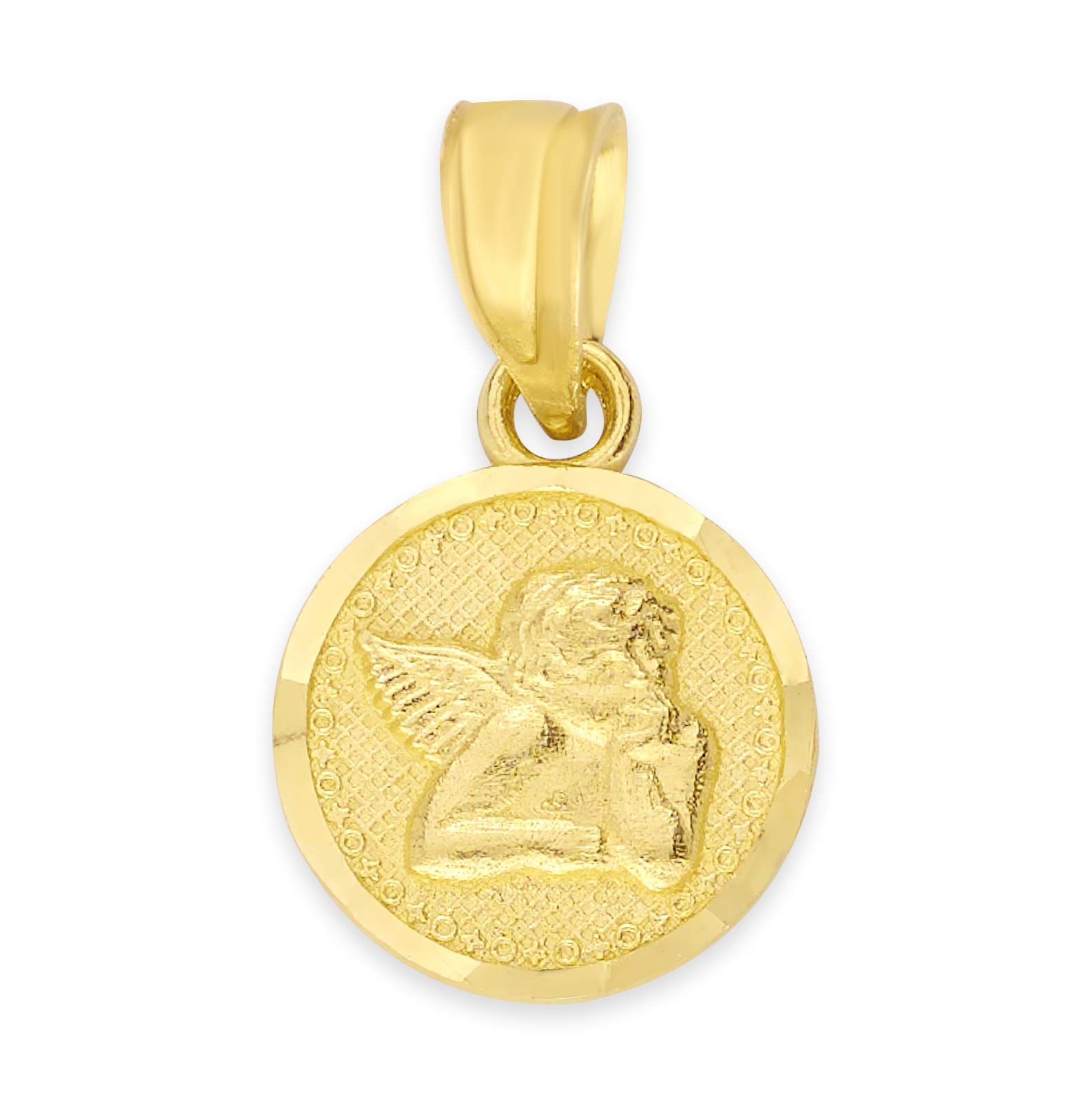 10k Solid Yellow Gold Dainty Angel Medallion Necklace with Cross on Back, Small Religious Cherub Pendant for Prayer