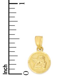 10k Solid Yellow Gold Dainty Angel Medallion Necklace with Cross on Back, Small Religious Cherub Pendant for Prayer