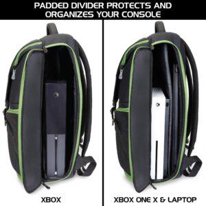 ENHANCE Xbox Backpack - Xbox Carrying Case Compatible with Xbox Series S, Xbox One X, One S - Storage Compartments for Xbox Controllers, Gaming Headset, Xbox Games & More Xbox Accessories - Green