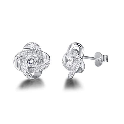 FANCIME White Gold Plated Real Sterling Silver Hypoallergenic Stunning Cubic Zirconia CZs Big/Large Daith Flower Knot Studs Earrings For Women Wedding Bridal，Size 12mm