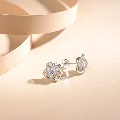 FANCIME White Gold Plated Real Sterling Silver Hypoallergenic Stunning Cubic Zirconia CZs Big/Large Daith Flower Knot Studs Earrings For Women Wedding Bridal，Size 12mm