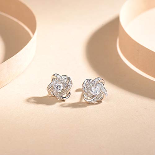 FANCIME White Gold Plated Real Sterling Silver Hypoallergenic Stunning Cubic Zirconia CZs Big/Large Daith Flower Knot Studs Earrings For Women Wedding Bridal，Size 12mm