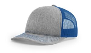 richardson 112 112p trucker mesh snapback hat curved bill with nosweat hat liner (adjustable snapback split colorway, heather grey/royal)