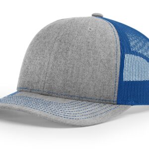 Richardson 112 112P Trucker Mesh Snapback Hat Curved Bill with NoSweat Hat Liner (Adjustable Snapback Split Colorway, Heather Grey/Royal)