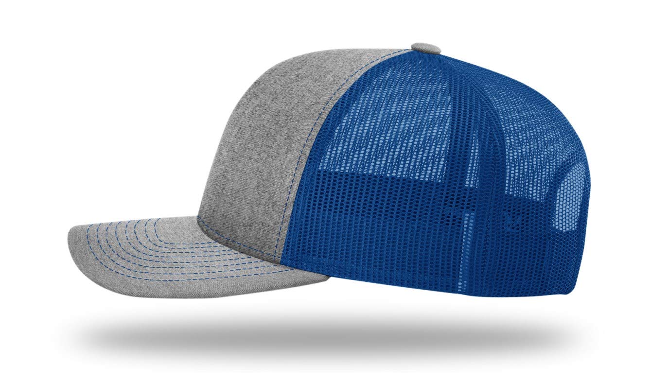 Richardson 112 112P Trucker Mesh Snapback Hat Curved Bill with NoSweat Hat Liner (Adjustable Snapback Split Colorway, Heather Grey/Royal)