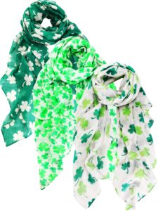 skylety st. patrick's day printed scarf long shamrock shawl irish theme scarf for holiday outfits accessories (color set 1, 3 pieces)