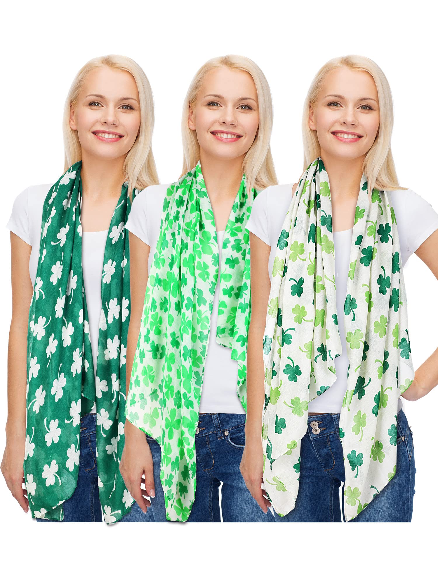 Skylety St. Patrick's Day Printed Scarf Long Shamrock Shawl Irish Theme Scarf for Holiday Outfits Accessories (Color Set 1, 3 Pieces)