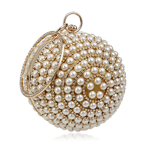 Tngan Womens Evening Bag Round Ball Wedding Handbag Artificial Pearl Purse Golden