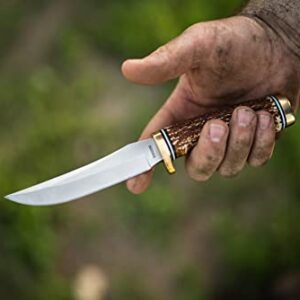 Uncle Henry 153UH Next Gen Golden Spike Knife with 5in High Carbon S.S. Fixed Blade, Staglon Handle, Sharpening Stone, and Leather Belt Sheath for EDC, Hunting, Survival, Camping and Outdoors,Brown