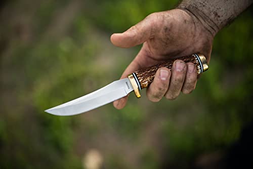 Uncle Henry 153UH Next Gen Golden Spike Knife with 5in High Carbon S.S. Fixed Blade, Staglon Handle, Sharpening Stone, and Leather Belt Sheath for EDC, Hunting, Survival, Camping and Outdoors,Brown