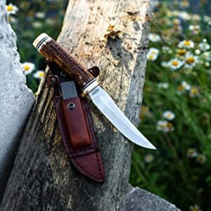 Uncle Henry 153UH Next Gen Golden Spike Knife with 5in High Carbon S.S. Fixed Blade, Staglon Handle, Sharpening Stone, and Leather Belt Sheath for EDC, Hunting, Survival, Camping and Outdoors,Brown