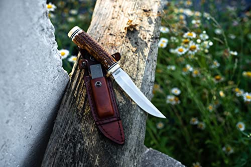 Uncle Henry 153UH Next Gen Golden Spike Knife with 5in High Carbon S.S. Fixed Blade, Staglon Handle, Sharpening Stone, and Leather Belt Sheath for EDC, Hunting, Survival, Camping and Outdoors,Brown