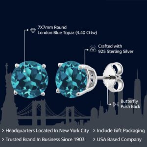 Gem Stone King 925 Sterling Silver London Blue Topaz Stud Earrings For Women (3.40 Cttw, Gemstone Birthstone, Round 7MM)