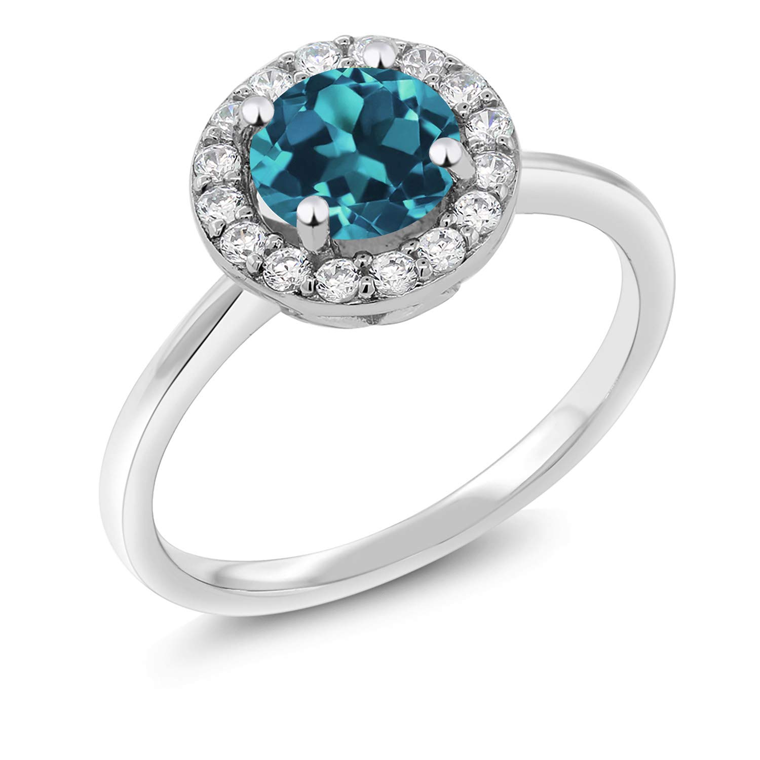 Gem Stone King 925 Sterling Silver London Blue Topaz Halo Engagement Ring For Women (1.86 Cttw, Round 7MM, Gemstone Birthstone, Available in size 5, 6, 7, 8, 9)