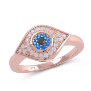 silvercloseout rose gold plated sterling silver blue cz evil eye ring - size 8