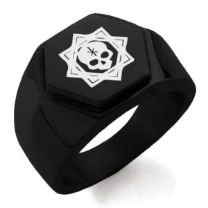 black ip plated stainless steel necromancy magic rune hexagon crest flat top biker style polished ring, size 10.5