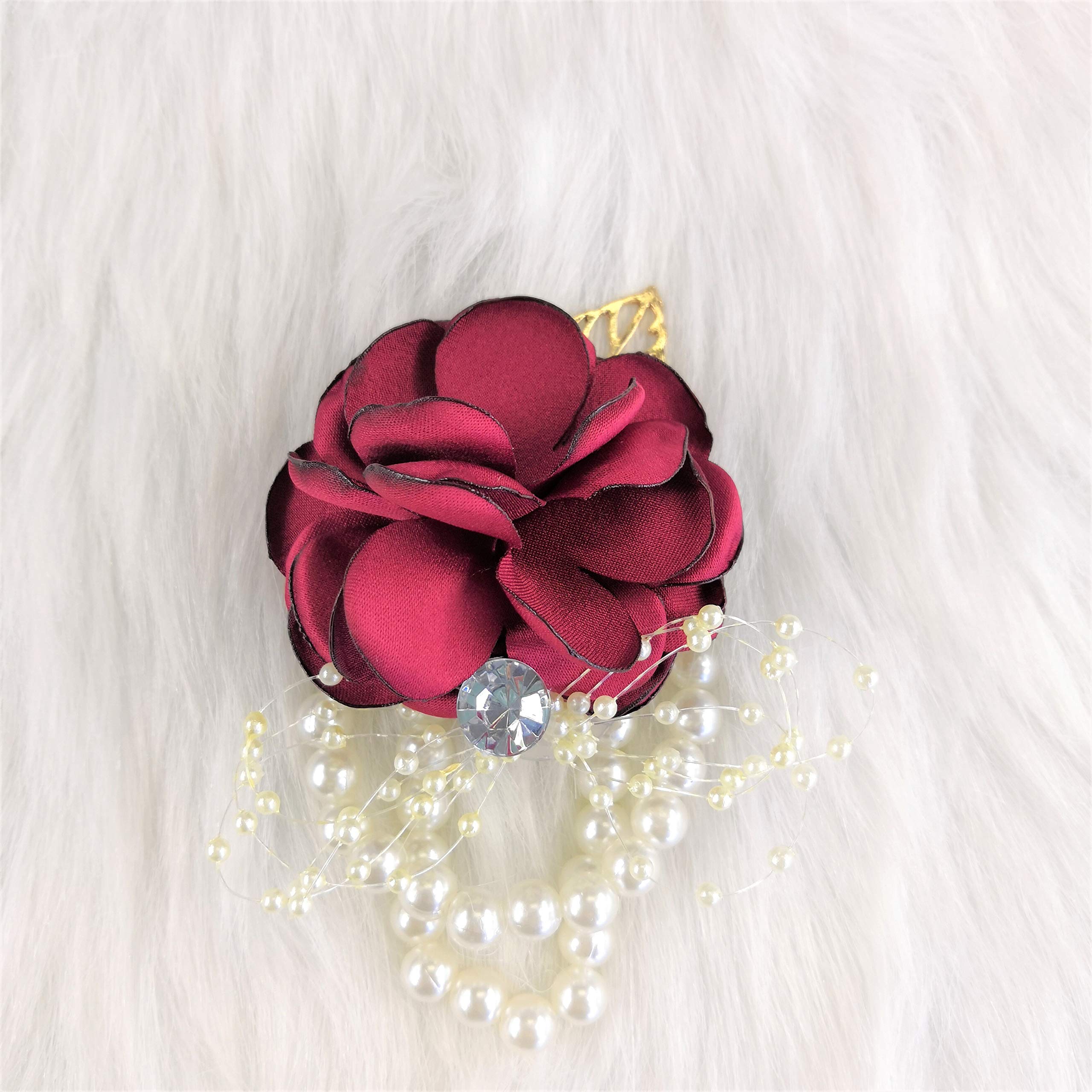 Abbie Home Decent Wrist Corsage for Prom Party Wedding Ball Event Silk Rose Rhinestone Hand Flower Classic Pearl Bracelet (Champagne)