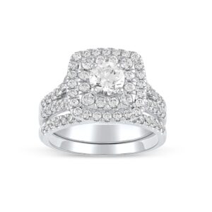 igi certified 14k white gold 2ct tdw round cut diamond double halo engagement ring set (i-j, i2)