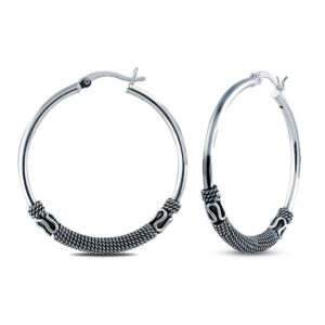 Charmsy 925 Sterling Silver Oxidized Balinese Beaded Hoop Earrings for Women | Lightweight Large Antique Bali Style Click Top Hoops Earring Jewelry | Size 50mm