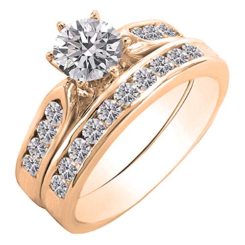 Dazzlingrock Collection 1.00 Carat (Ctw) 14K Round Lab Grown Diamond Women Engagement Band Ring Set 1 CT,Rose Gold, Size 8