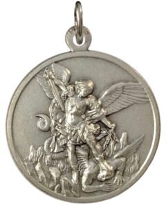 saint michael the archangel silver tone medal - big size - 32 mm - made in high relief