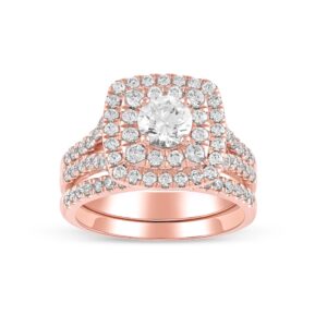 igi certified 14k rose gold 2 ct tdw round cut diamond double halo engagement ring set (i-j, i2)