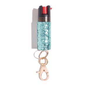 pepper spray maximum strength self defense keychain for women, 12-foot spray range & uv dye - glitter